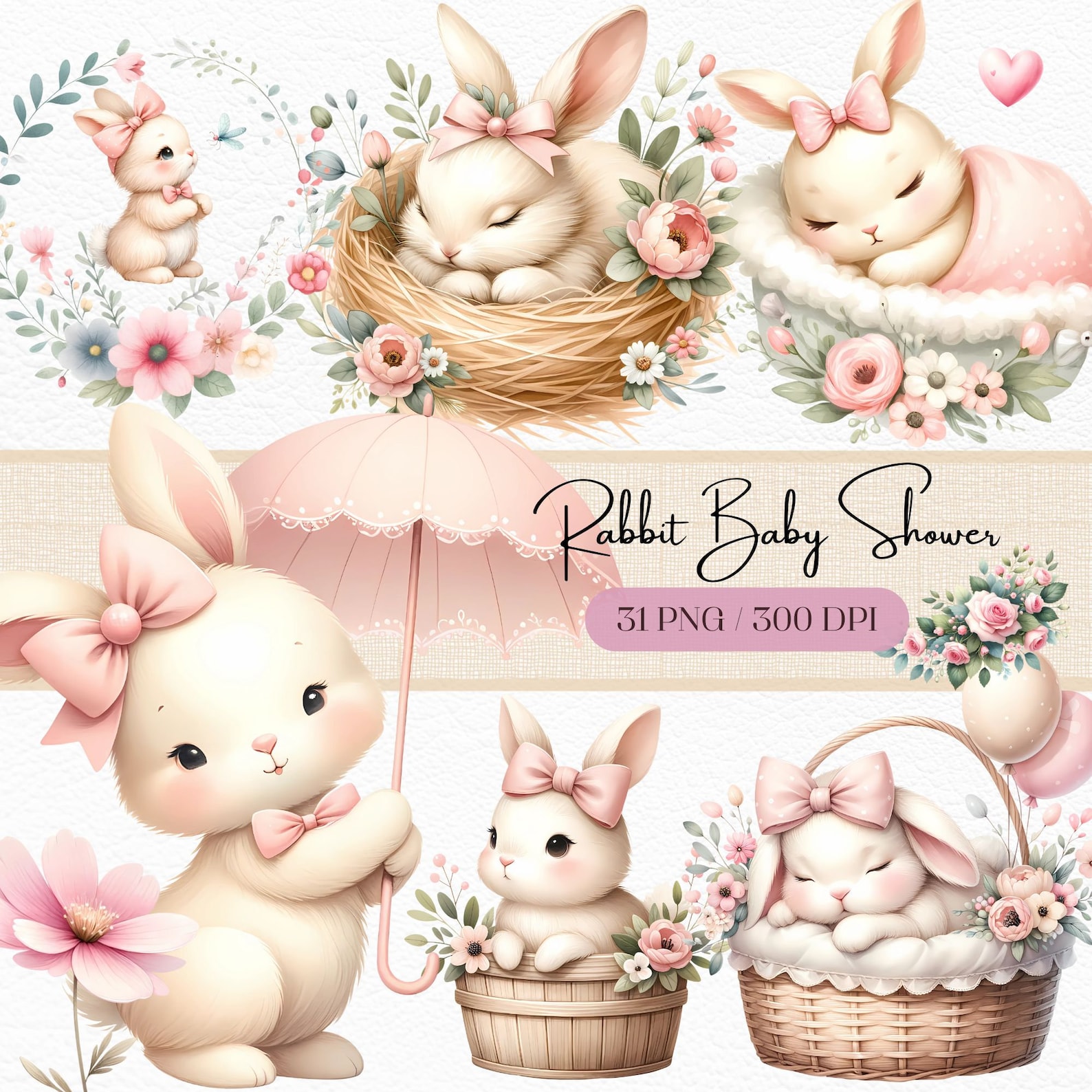 Adorable Rabbit Baby Shower Clipart Set, Cute Baby Animal Graphics for ...