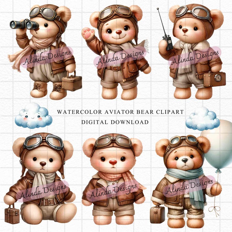 Watercolor Aviator Bear Clipart: Pilot Teddy Bear Graphics (PNG) - Etsy