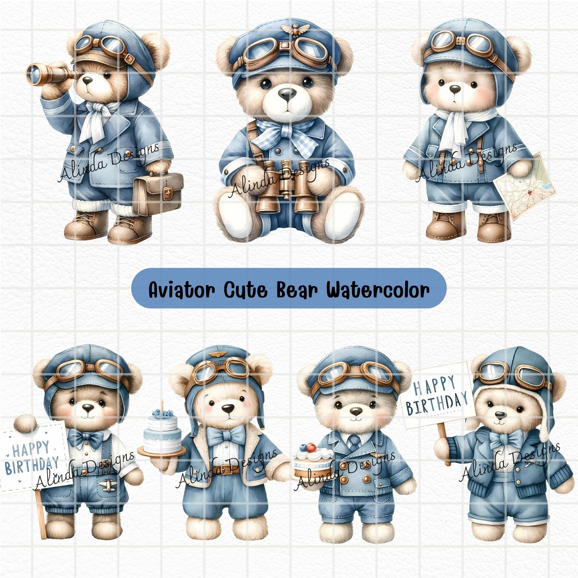 Aviator Bear Clipart, Cute Watercolor Bear Digital Download, Pilot ...