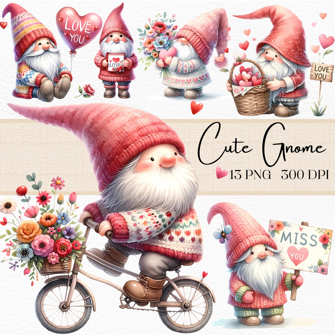 Watercolor Valentines Gnomes Clipart, Gnome Clipart, Love Clipart, Cute ...