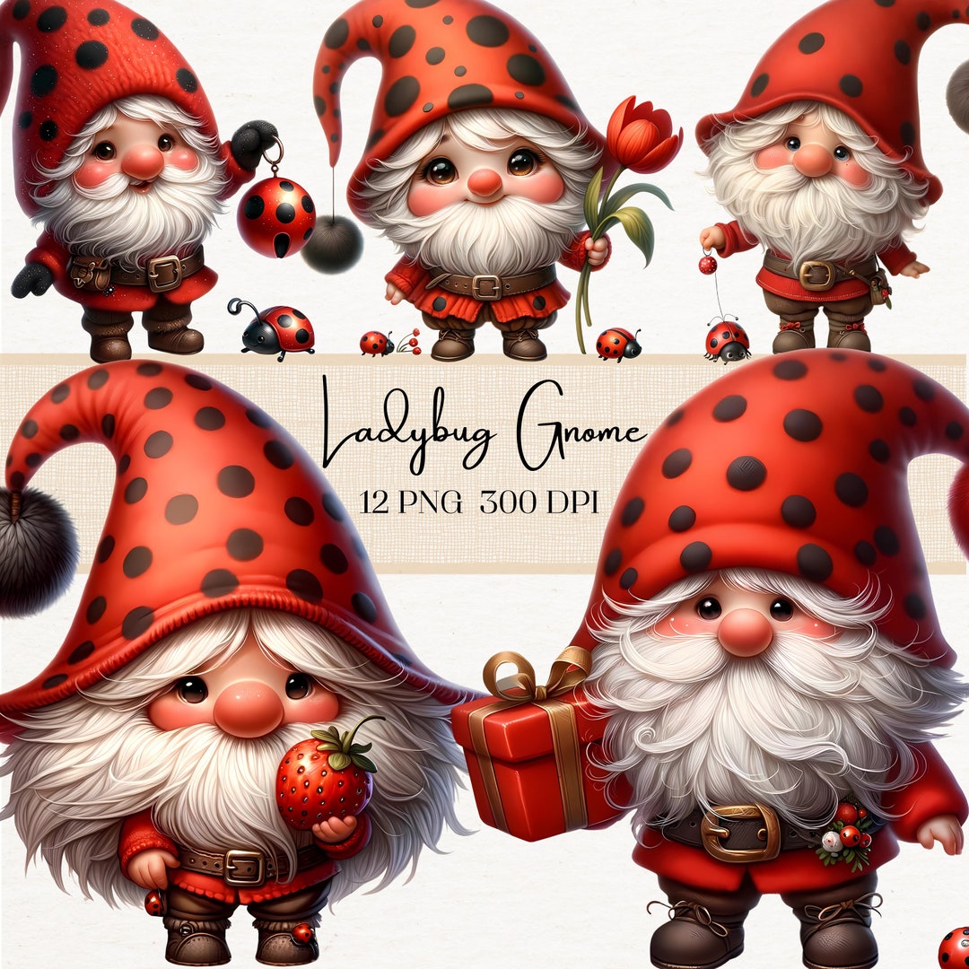 Cute Gnome Ladybug Clipart, Watercolor Garden Gnomes & Ladybugs Digital ...