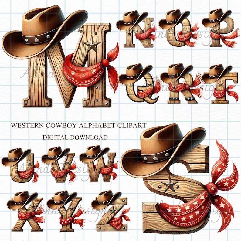 Western Cowboy Alphabet Clipart, Rustic Wood Letters With Cowboy Hats ...