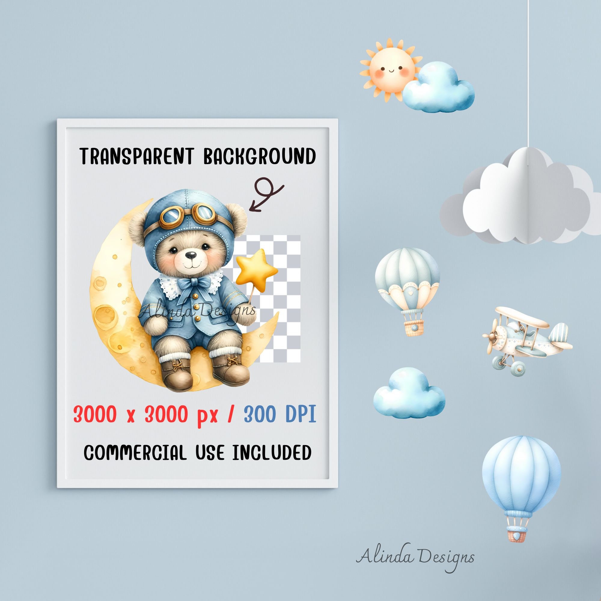 Aviator Bear Clipart, Cute Watercolor Bear Digital Download, Pilot ...