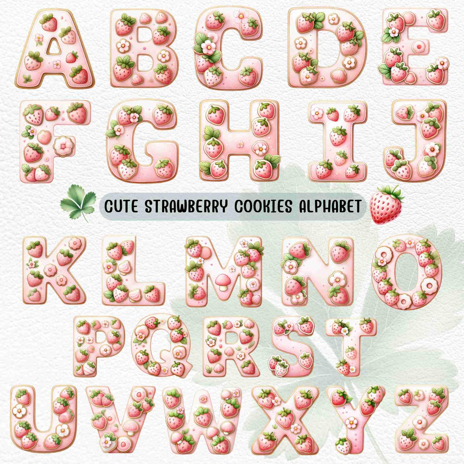 Cute Strawberry Cookies Alphabet Clipart, Sweet Dessert Themed Letters ...