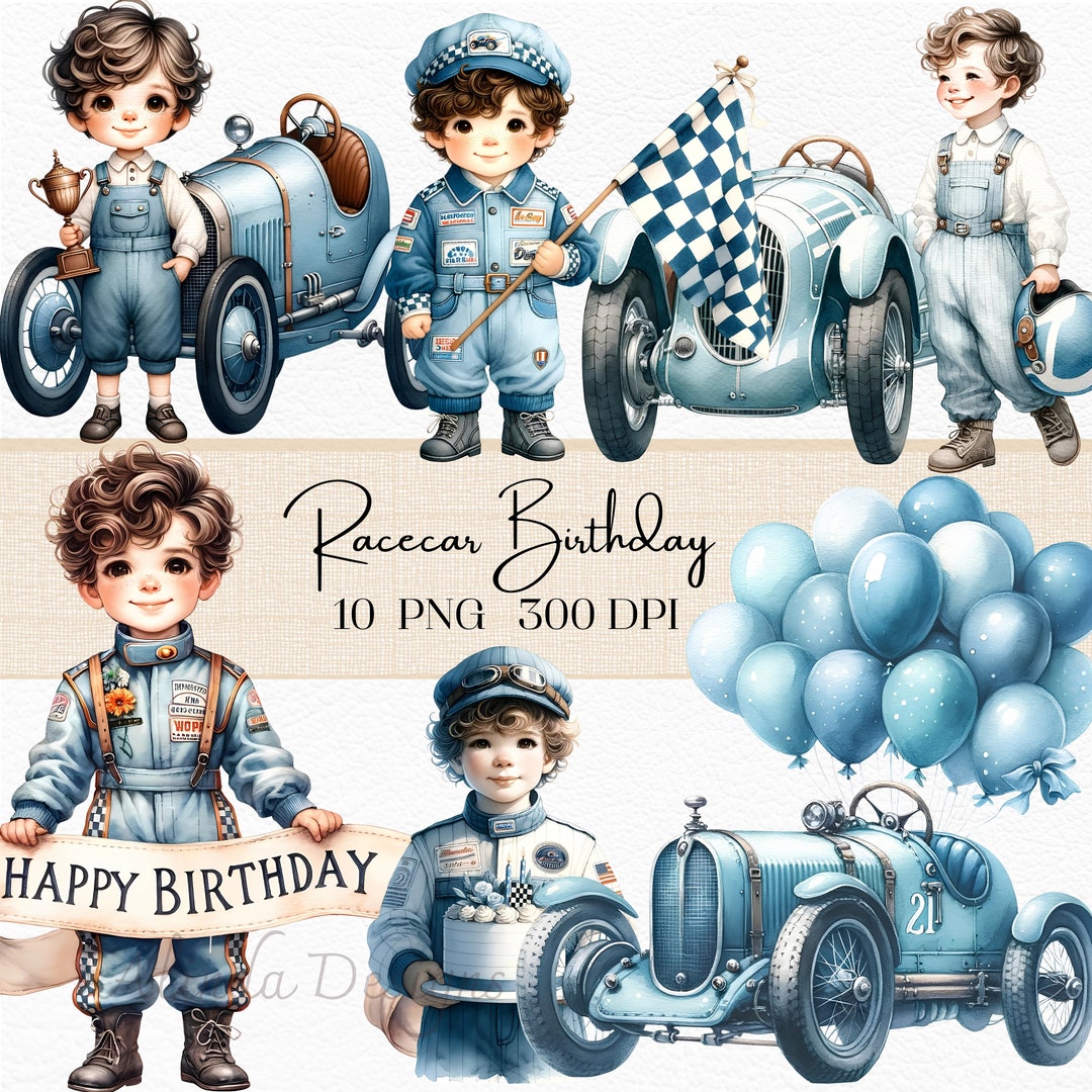Vintage Racecar Clipart, Birthday Boy Digital Download, Retro Racing ...