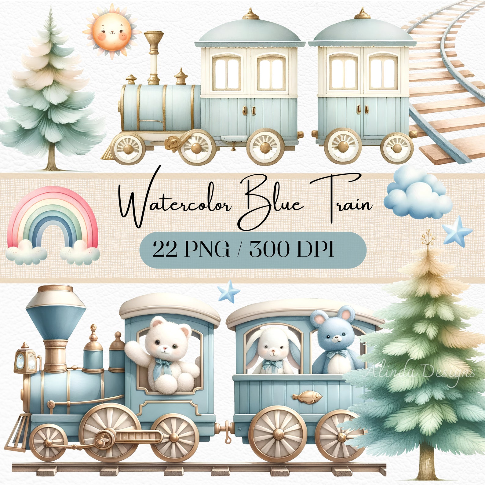 Watercolor Blue Train Clipart: Vintage Locomotive PNG (digital Download ...