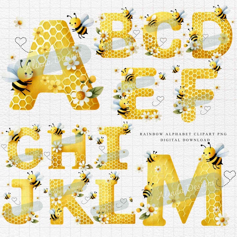 Bee Alphabet Clipart Letters, Honeycomb & Daisy Bumble Bee PNG for Kids ...