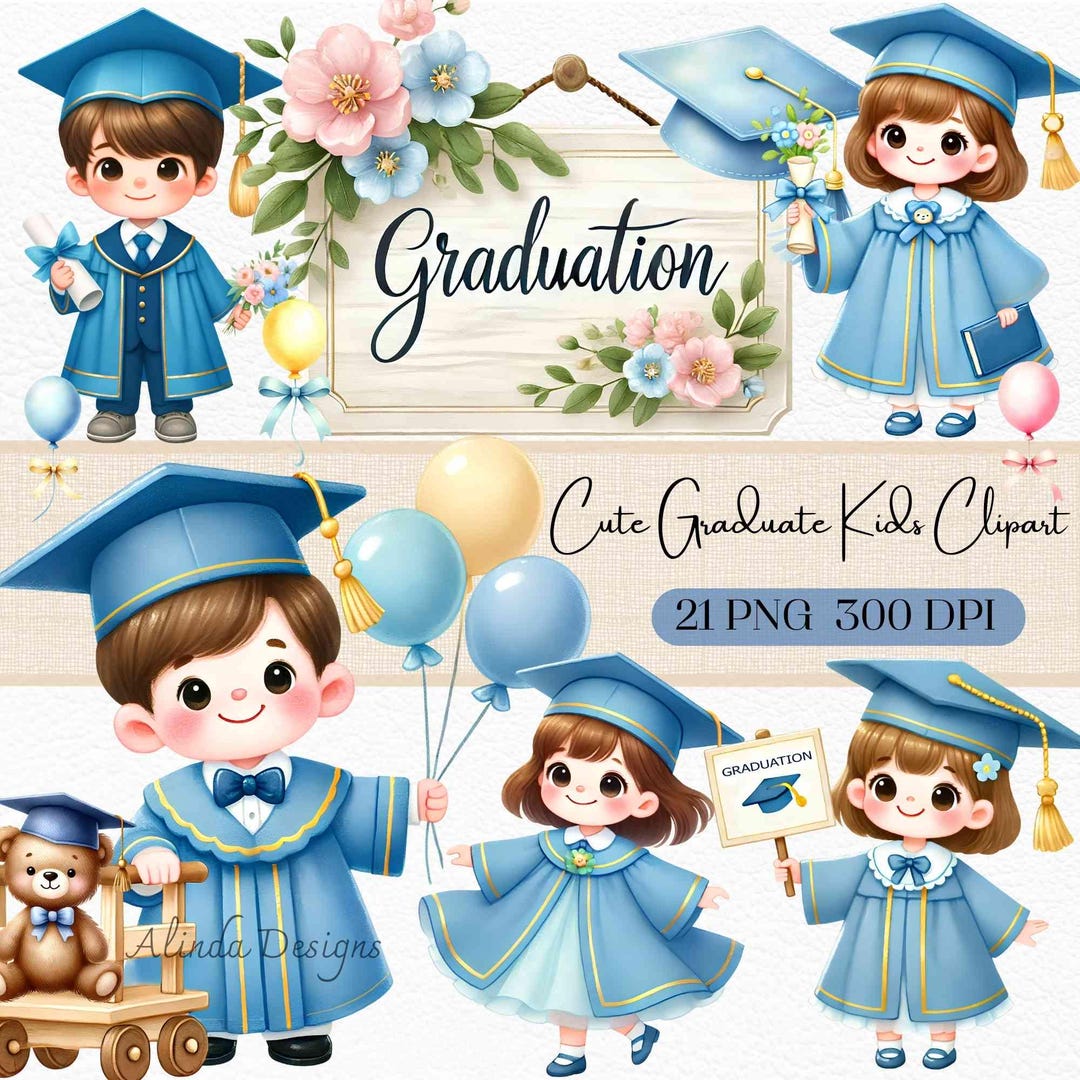 Cute Graduate Kids Clipart, Blue & Gold, Graduation PNG (digital ...