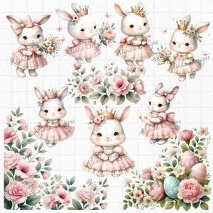 Cute Easter Bunny and Flowers Clipart, Spring Illustrations, Easter ...
