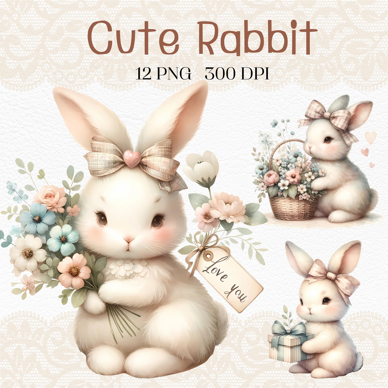 Bunnies Clipart, Nursery Spring Clipart, Children, Cherry Blossom ...