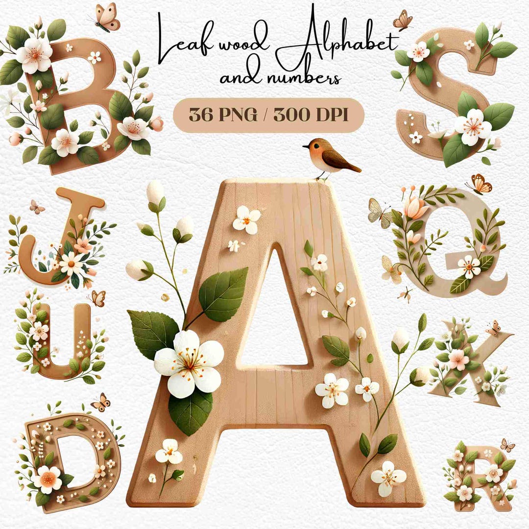Leaf Wood Alphabet Clipart: Rustic Floral Numbers (PNG Digital Download ...