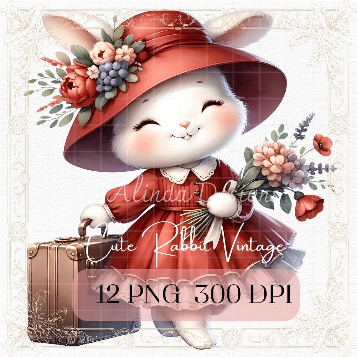 Vintage Rabbit Clipart, Cute Travel Themed Bunny Digital Illustration ...