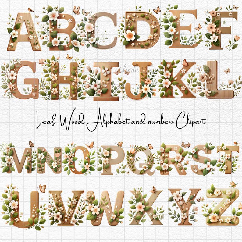 Leaf Wood Alphabet Clipart: Rustic Floral Numbers (PNG Digital Download ...