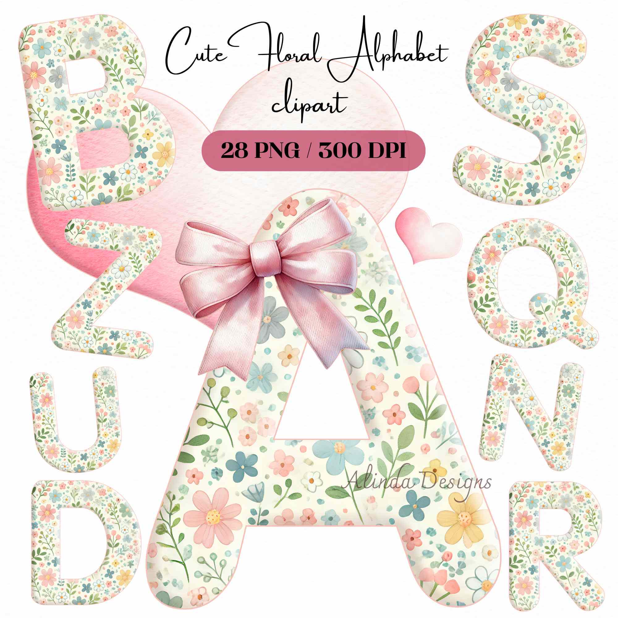 Watercolor Floral Alphabet Clipart: Pastel Kawaii Font (PNG Digital Set ...