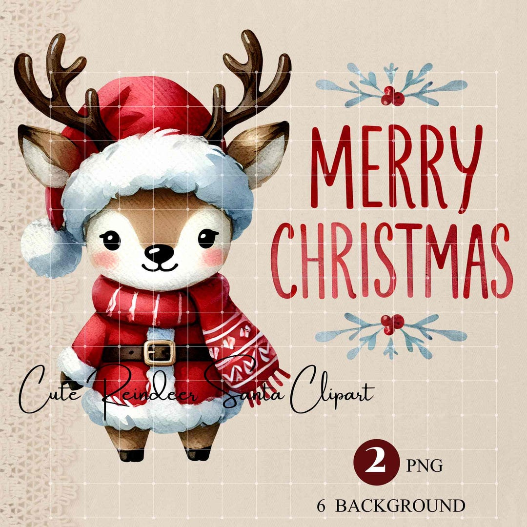 Reindeer Santa Clipart, Christmas Deer Illustration (PNG) - Etsy