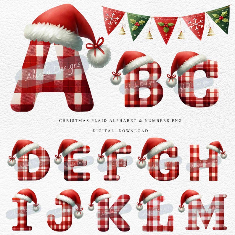 Christmas Plaid Alphabet & Numbers PNG, Santa Hat Letters Clipart - Etsy