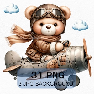Aviator Bear Watercolor Clipart, Cute Pilot Teddy Bear Digital Art ...