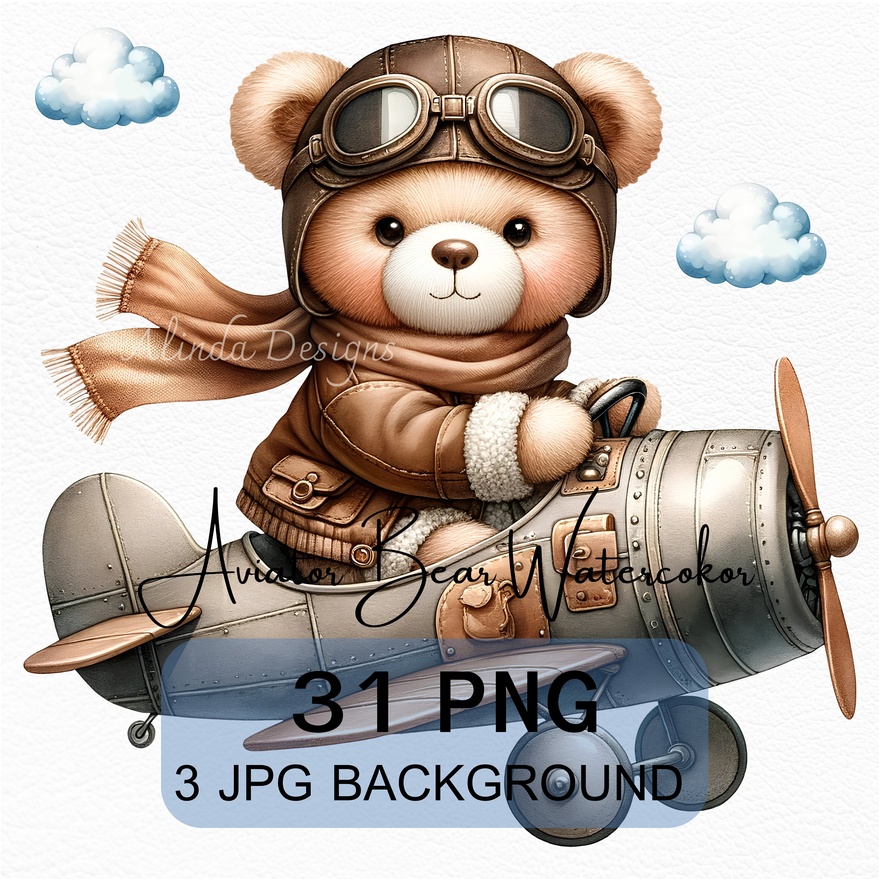 Aviator Bear Watercolor Clipart, Cute Pilot Teddy Bear Digital Art ...