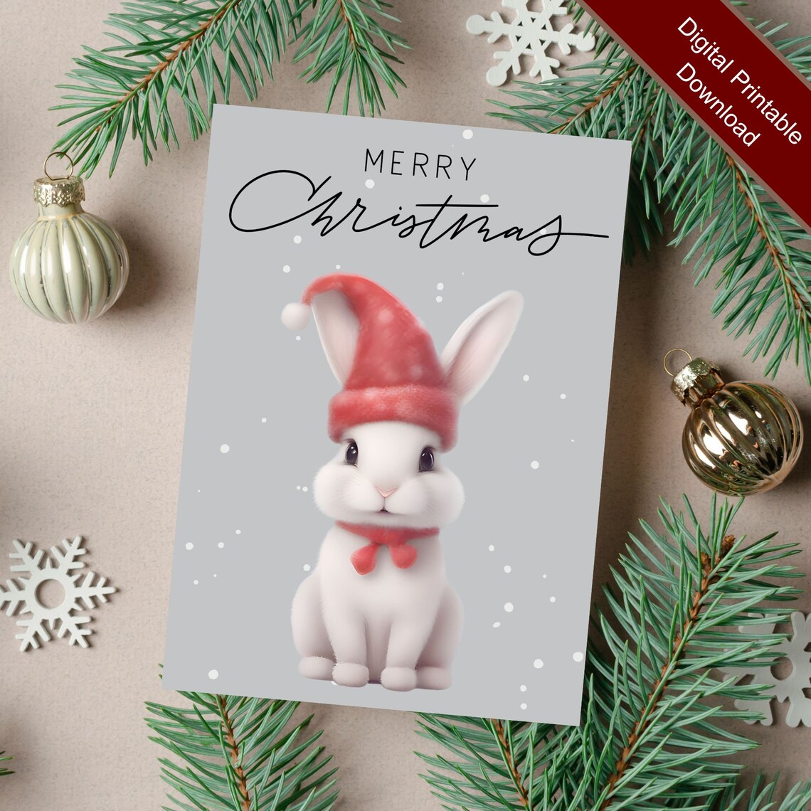 Card Christmas Printable Printable Christmas Card Bunny - Etsy