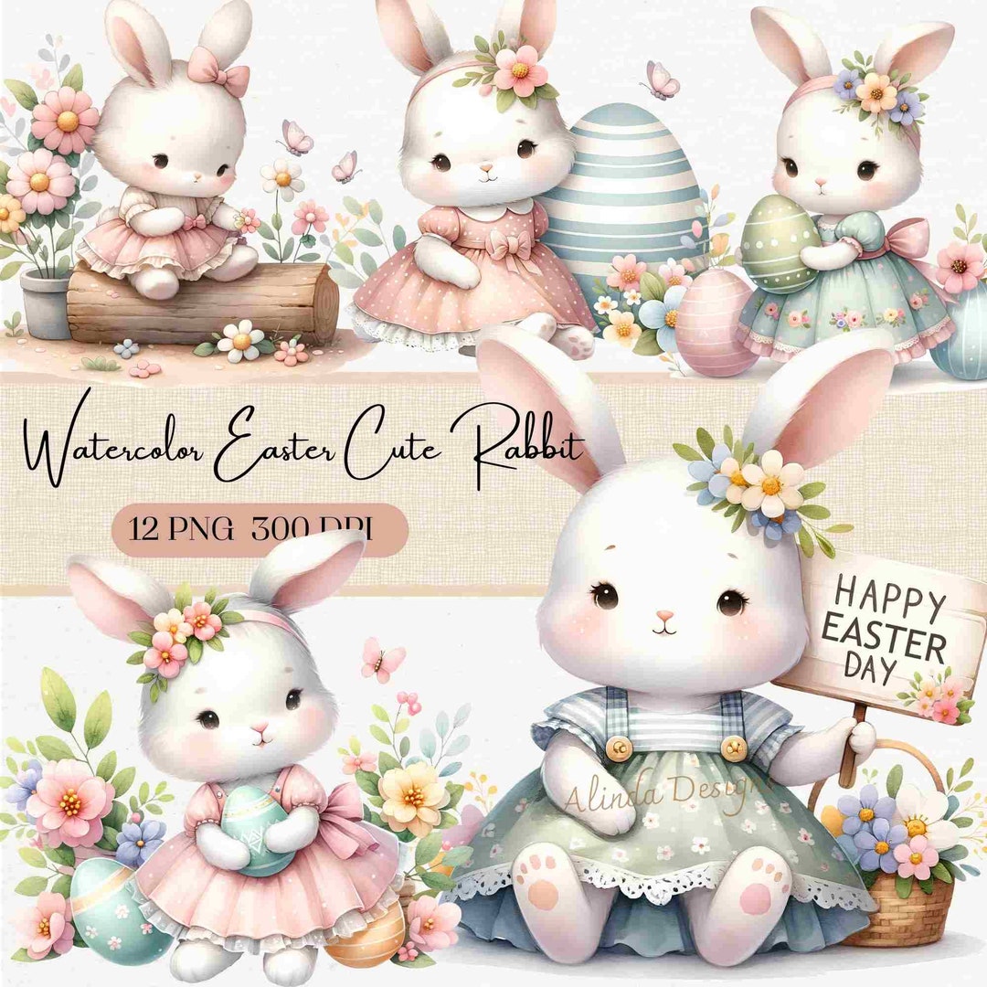 Watercolor Easter Cute Rabbit Clipart Set, Cute Bunny Digital Download ...