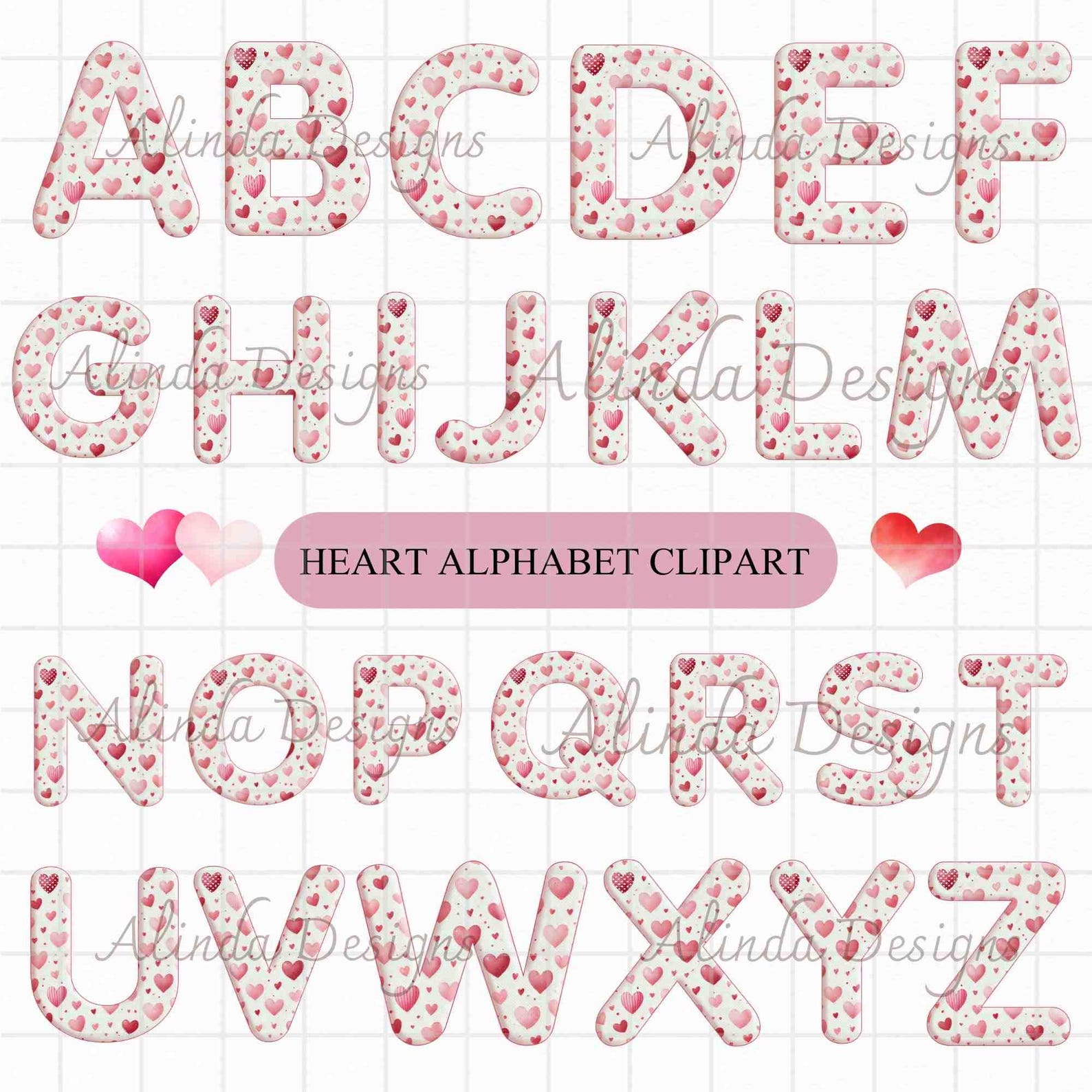 Heart Alphabet Clipart: Romantic Watercolor Letters (PNG Digital ...
