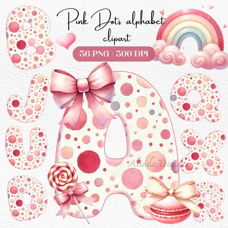 Pink Polka Dot Alphabet Clipart, Cute Letter PNG Set for Kids Craft ...