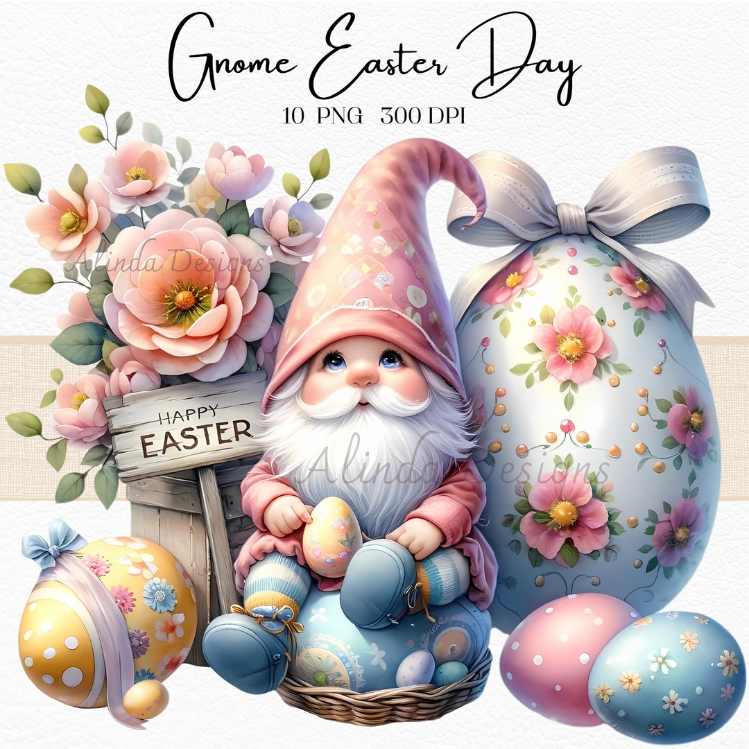 Easter Gnome Clipart, Cute Watercolor Gnome With Floral Eggs, Spring ...