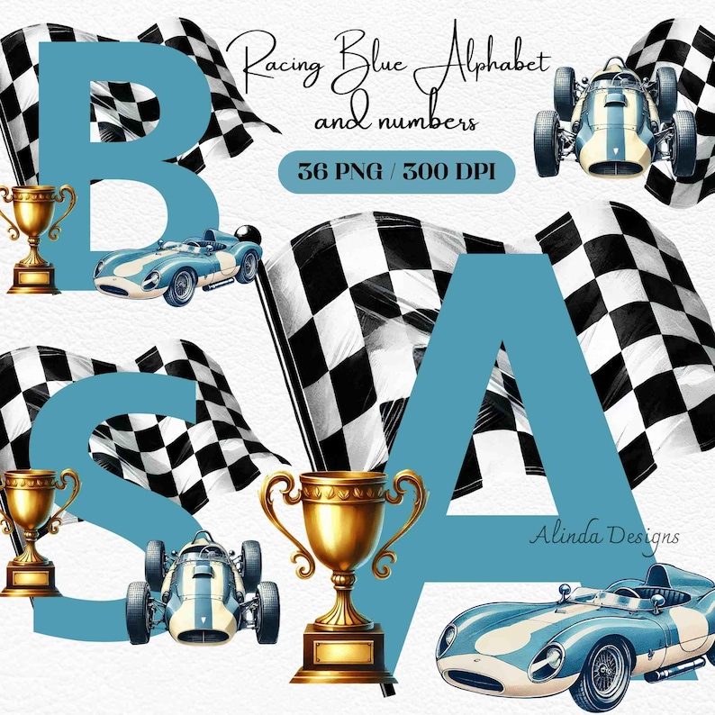 Racing Car Alphabet Clipart: Blue Letters & Numbers PNG (digital ...