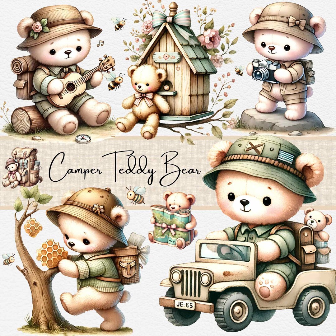 Adorable Camper Teddy Bear Clipart Set, Cute Camping Bear Digital ...
