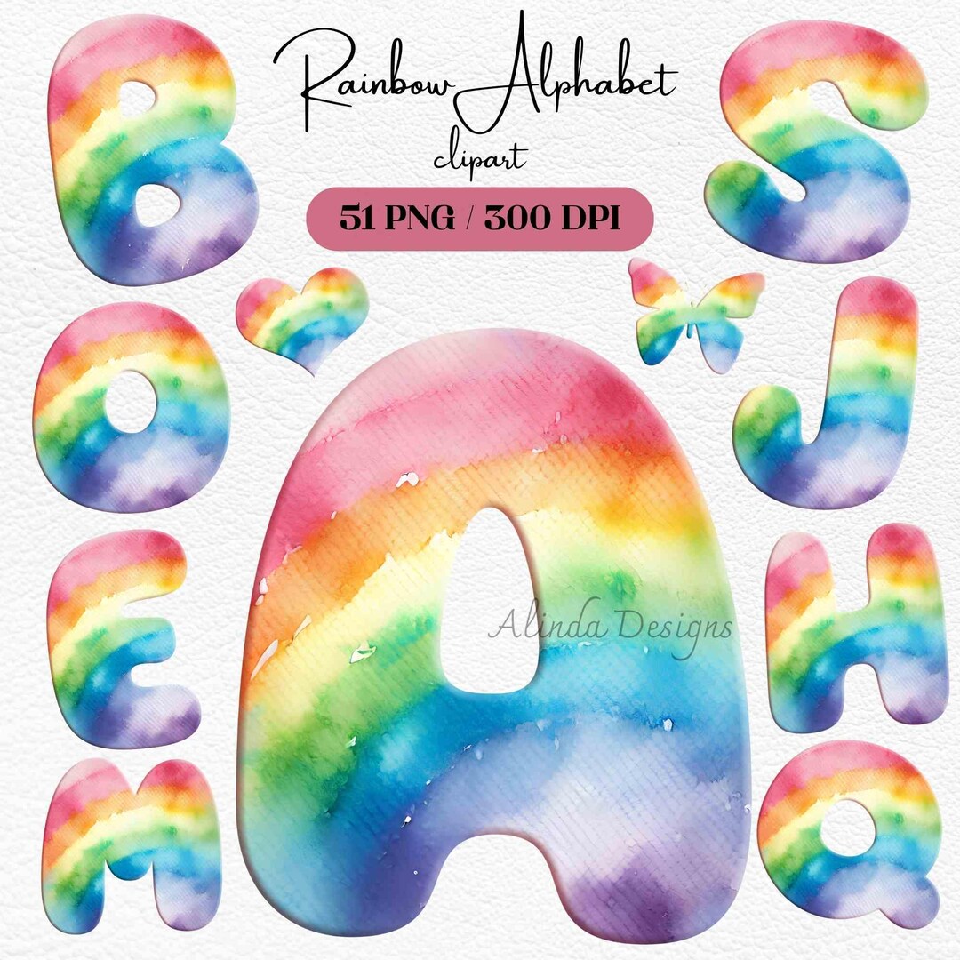 Rainbow Alphabet Clipart, Watercolor Letters PNG, Cute Colorful Font ...