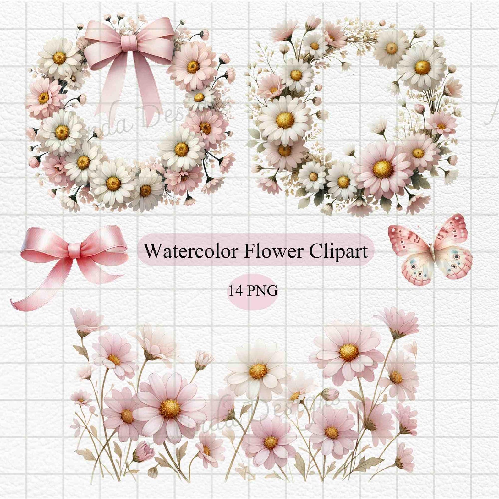 Watercolor Pink Daisy Clipart: Floral Illustrations (14 PNG) - Etsy