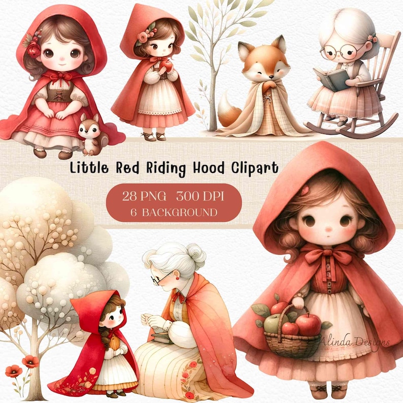 Watercolor Little Red Riding Hood Clipart: Fairy Tale PNG (digital ...