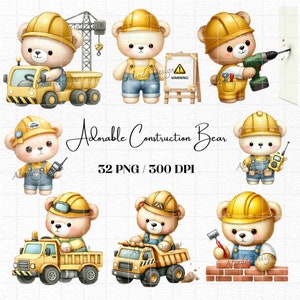 Adorable Construction Bear Clipart, Digital Download, Cute Construction ...
