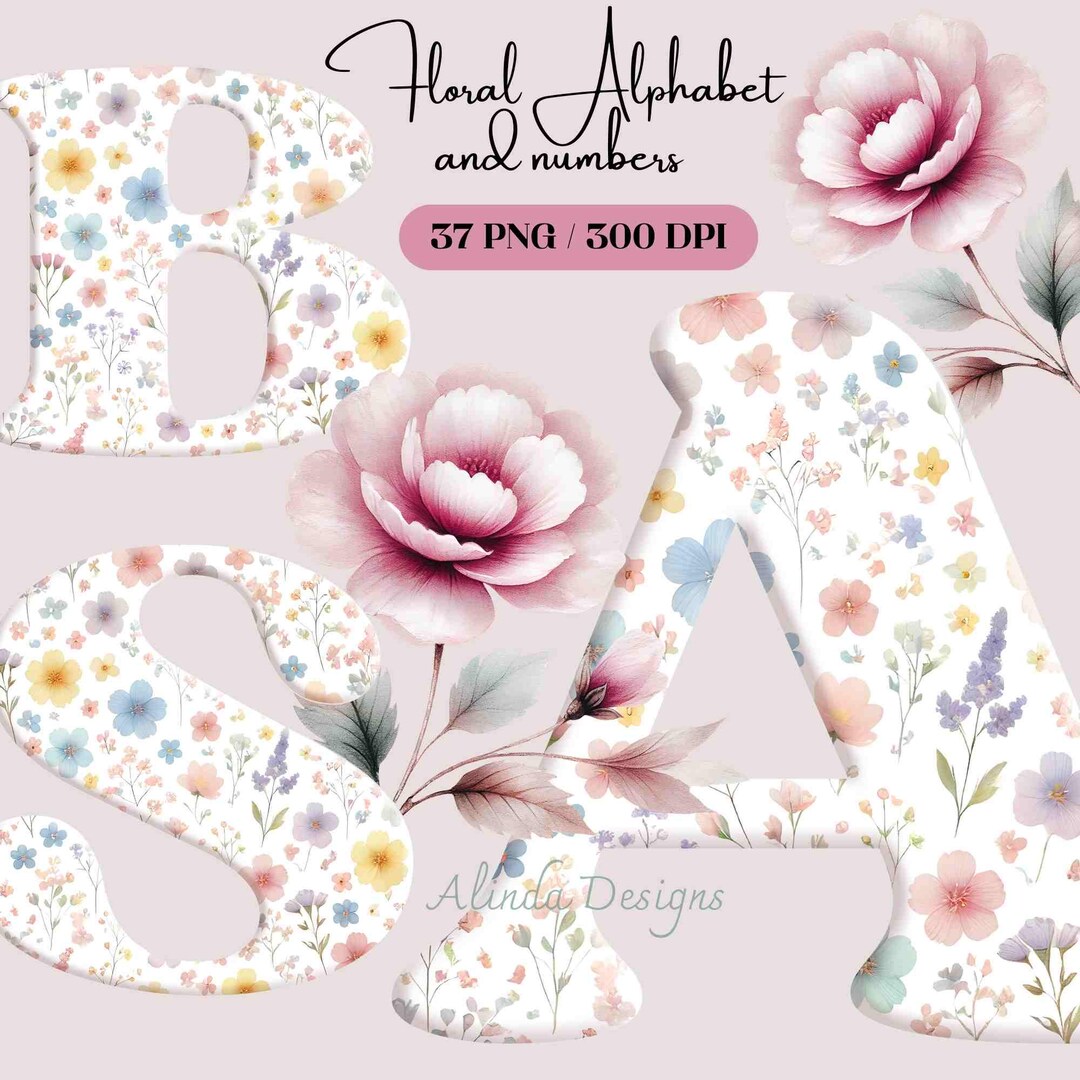 Watercolor Floral Letters Clipart, Number Clipart, Wedding Invitations ...