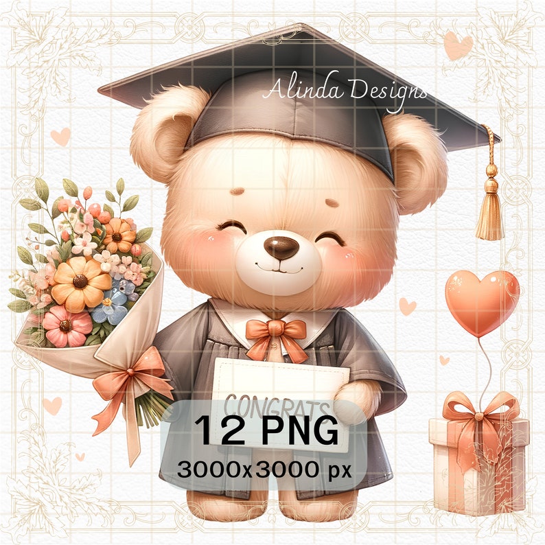 Watercolor Graduation Bear Clipart, Cute Graduate Bear PNG, Invitations ...