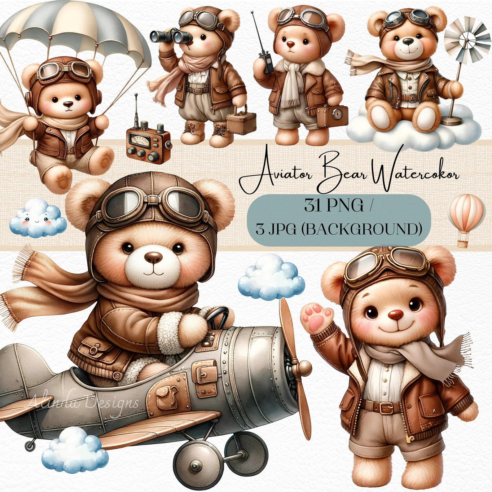Aviator Bear Watercolor Clipart, Cute Pilot Teddy Bear Digital Art ...