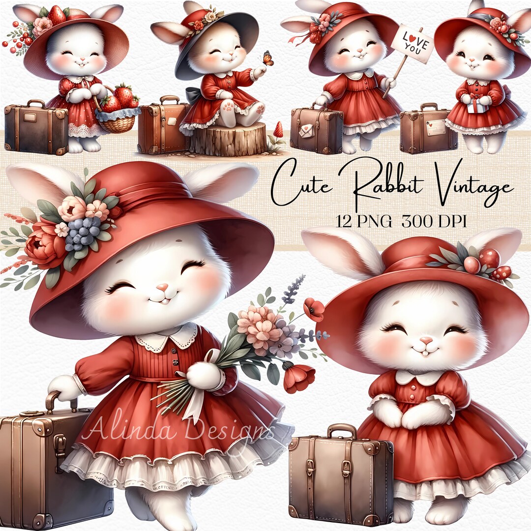 Vintage Rabbit Clipart, Cute Travel Themed Bunny Digital Illustration ...