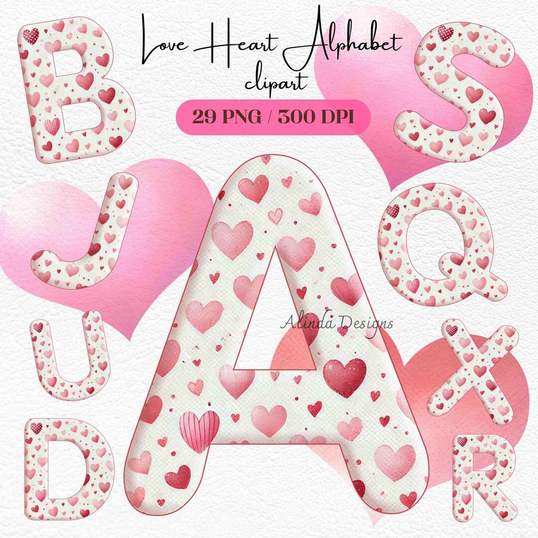 Heart Alphabet Clipart: Romantic Watercolor Letters (PNG Digital ...