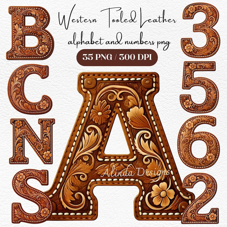 Western Tooled Leather Alphabet PNG, Cowboy Rustic Letters and Numbers ...