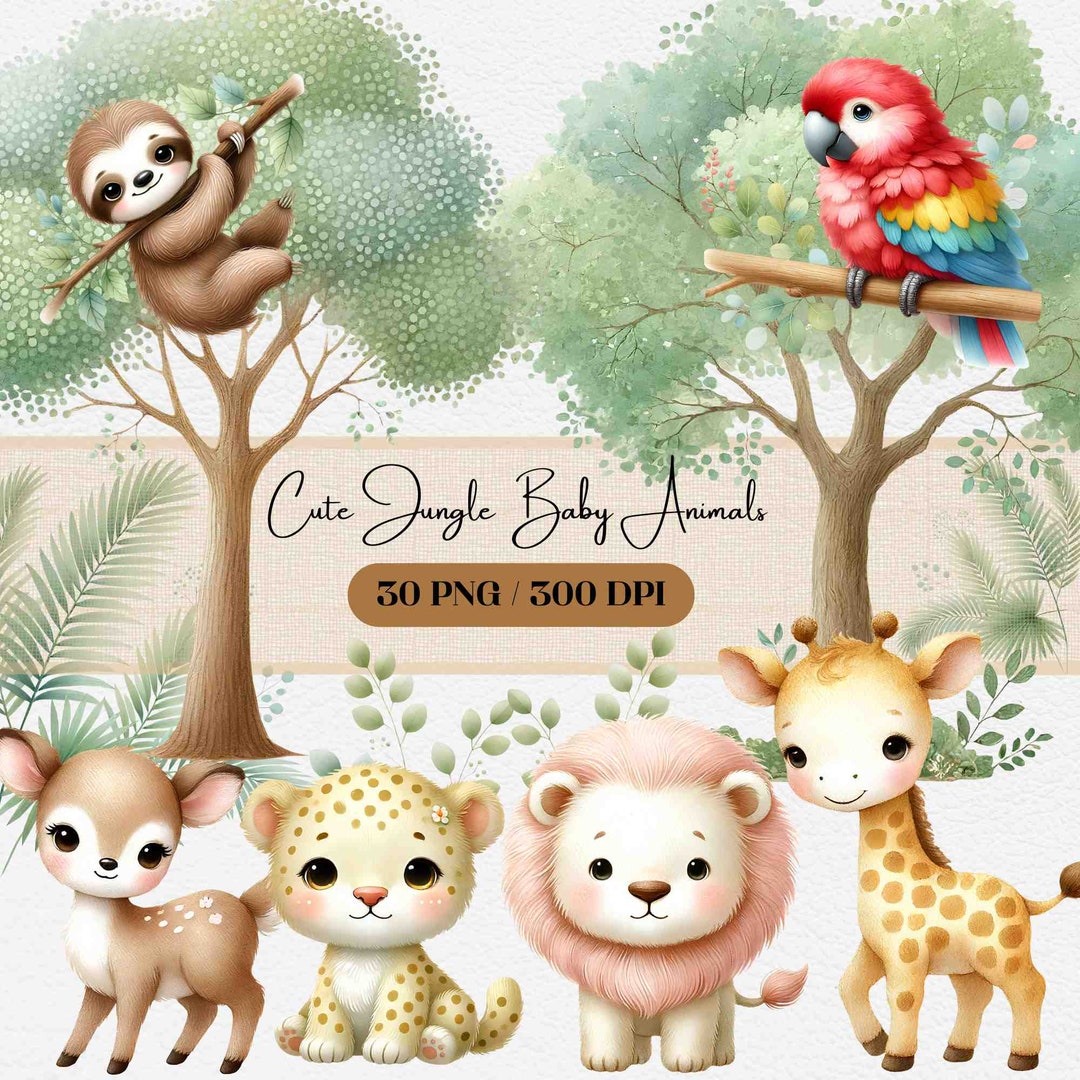 Adorable Jungle Baby Animals Clipart Set, Cute Digital Download for ...