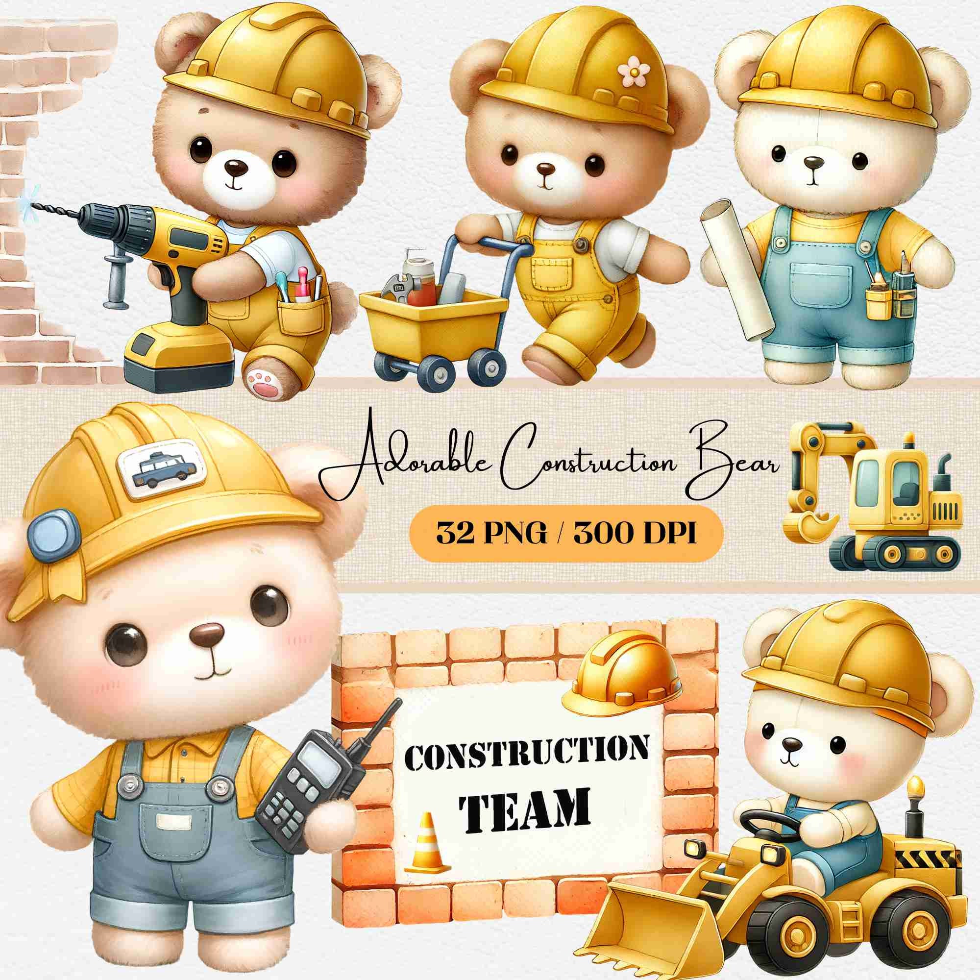 Adorable Construction Bear Clipart, Digital Download, Cute Construction ...