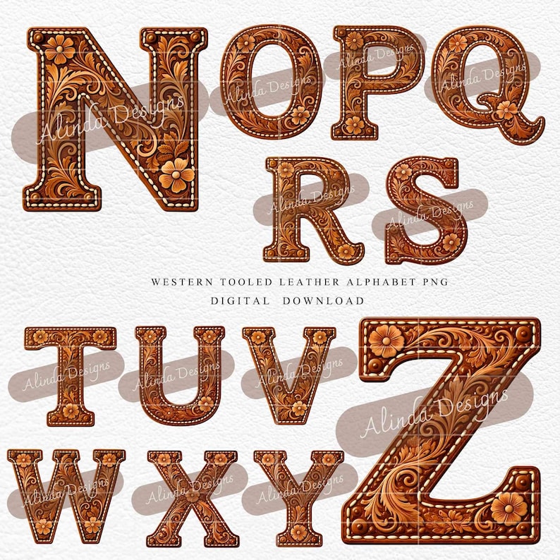 Western Tooled Leather Alphabet PNG, Cowboy Rustic Letters and Numbers ...