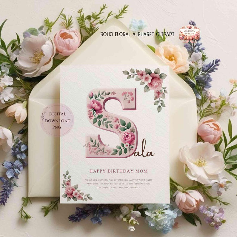 BOHO Floral Alphabet Clipart, Pink Botanical Letters PNG, Digital ...