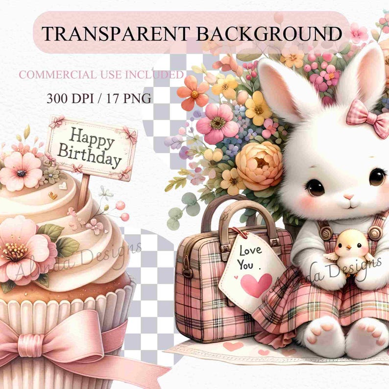Happy Birthday Bunny Clipart, Cute Rabbit Party Graphics, Kids Birthday ...