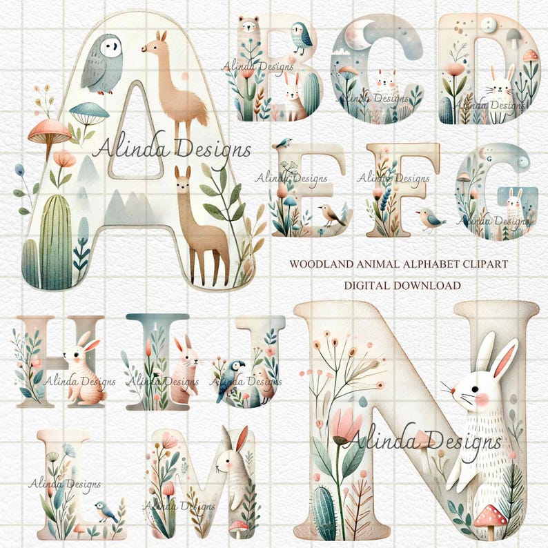 Woodland Animal Alphabet Clipart: Pastel Forest Letters (PNG) - Etsy ...