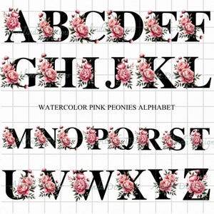 Watercolor Pink Peonies Alphabet Clipart: Floral Letters (digital ...
