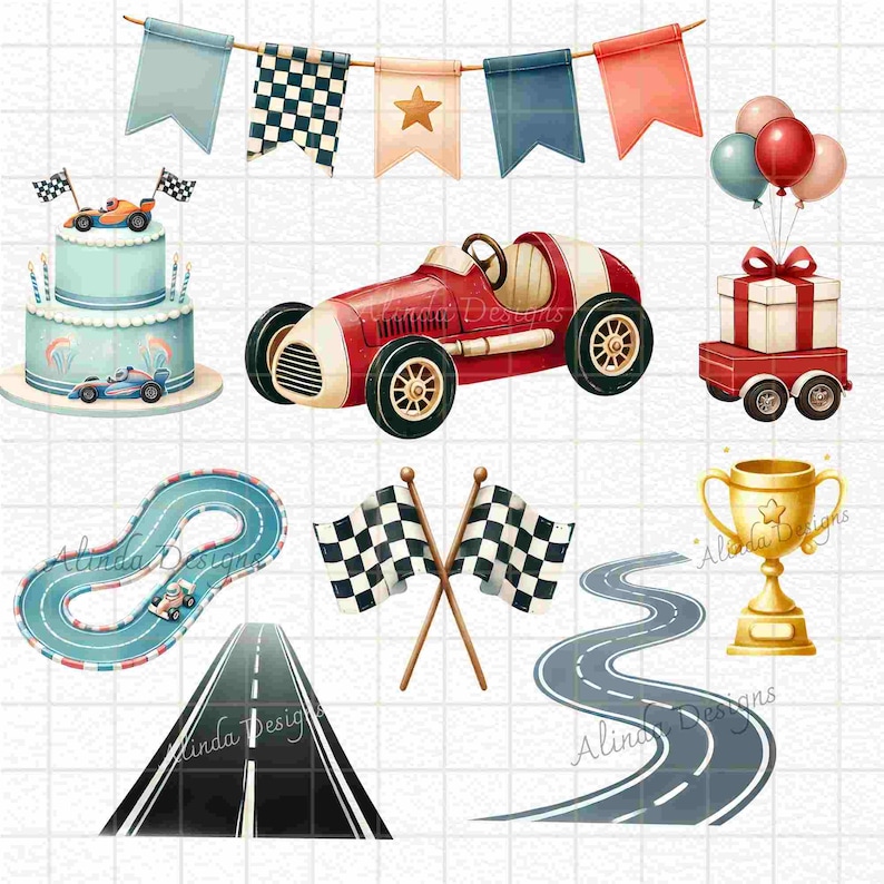 Watercolor Racecar Birthday Clipart, Kids Party Decor, Instant Download ...