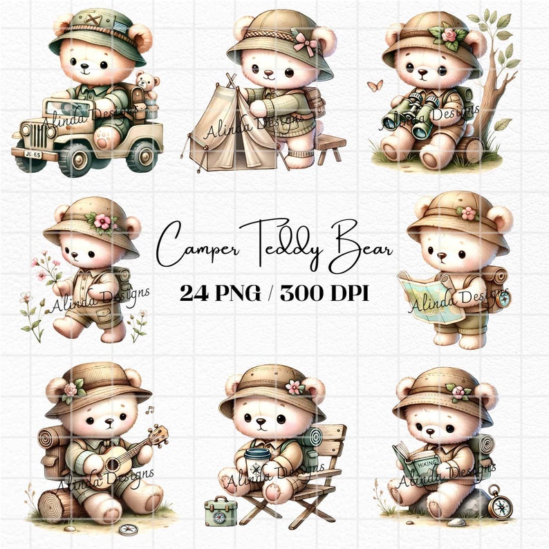 Adorable Camper Teddy Bear Clipart Set, Cute Camping Bear Digital ...