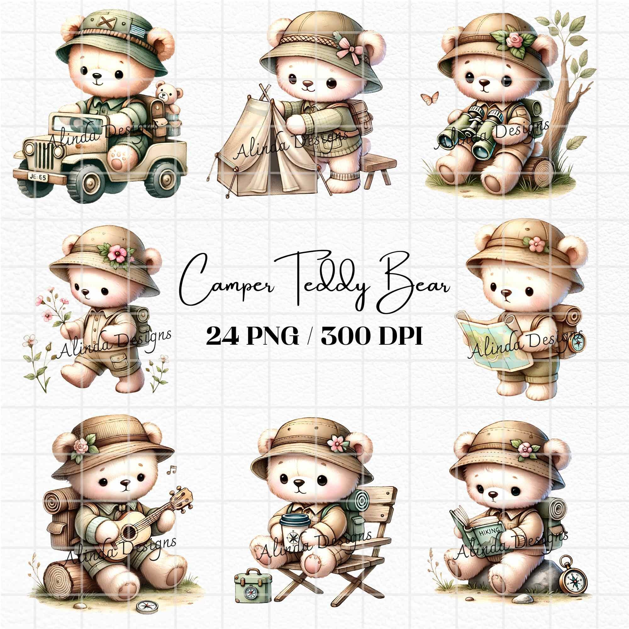 Adorable Camper Teddy Bear Clipart Set, Cute Camping Bear Digital ...
