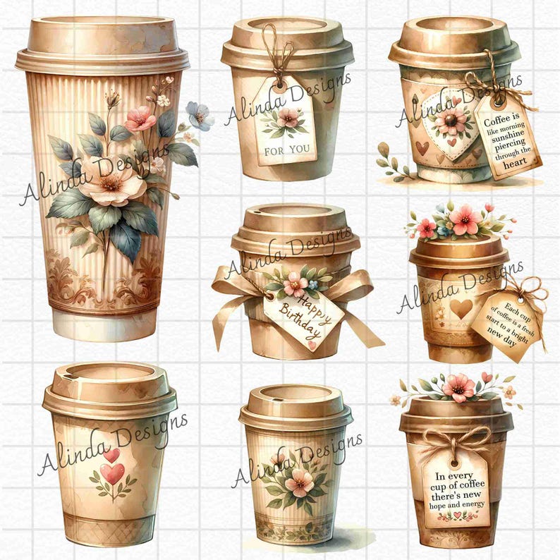 Watercolor Coffee Clipart: Cafe Floral PNG Set (digital Download) - Etsy